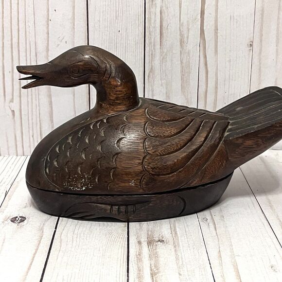 No Brand | Accents | Vintage Hand Carved Teak Wood Large Duck Trinket ...